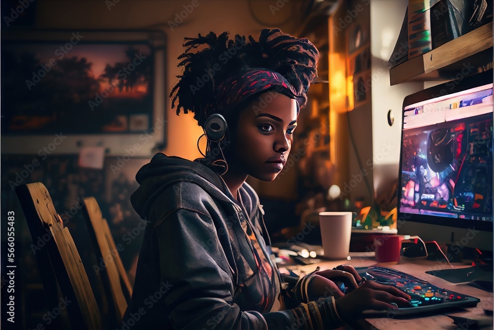 young 25-year-old gen Z black female gamer playing video games using an ...