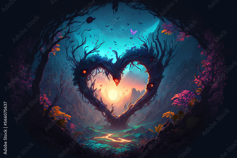Colorful fantasy heart, light beam, green forest field - Generative Ai ...