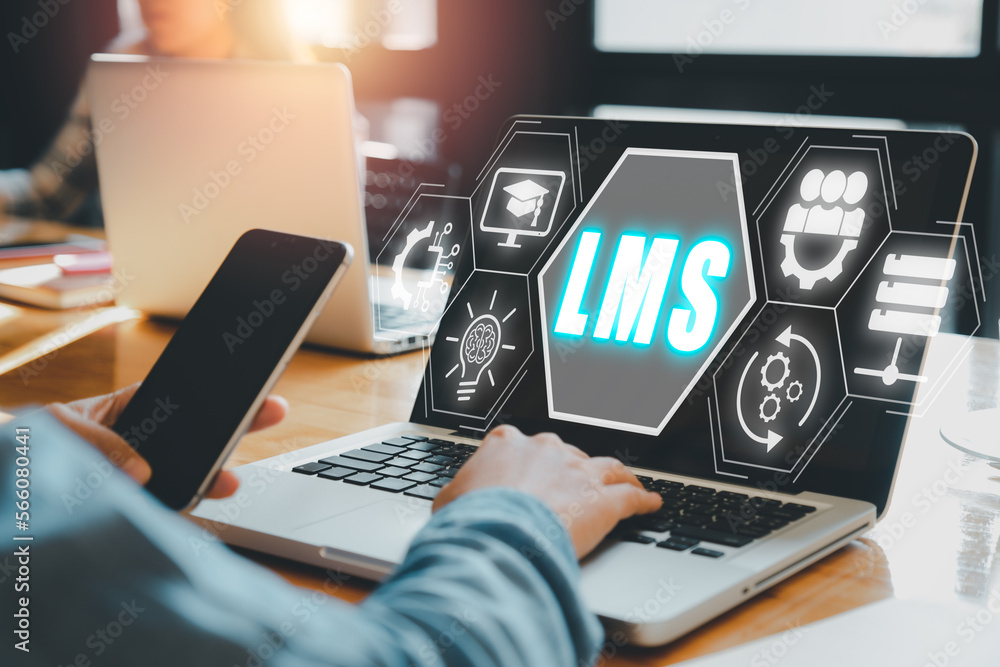 LMS, Learning Management System concept, Business person using laptop ...