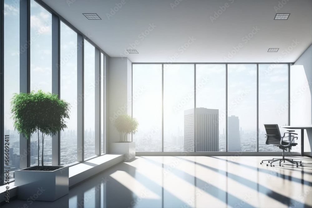 Empty modern office background in city center . Workspace interior ...