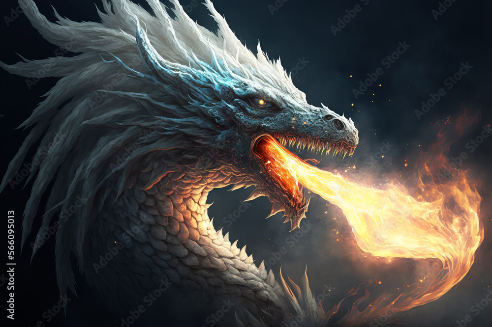 Silver dragon breathing fire and smoke on a black background ...
