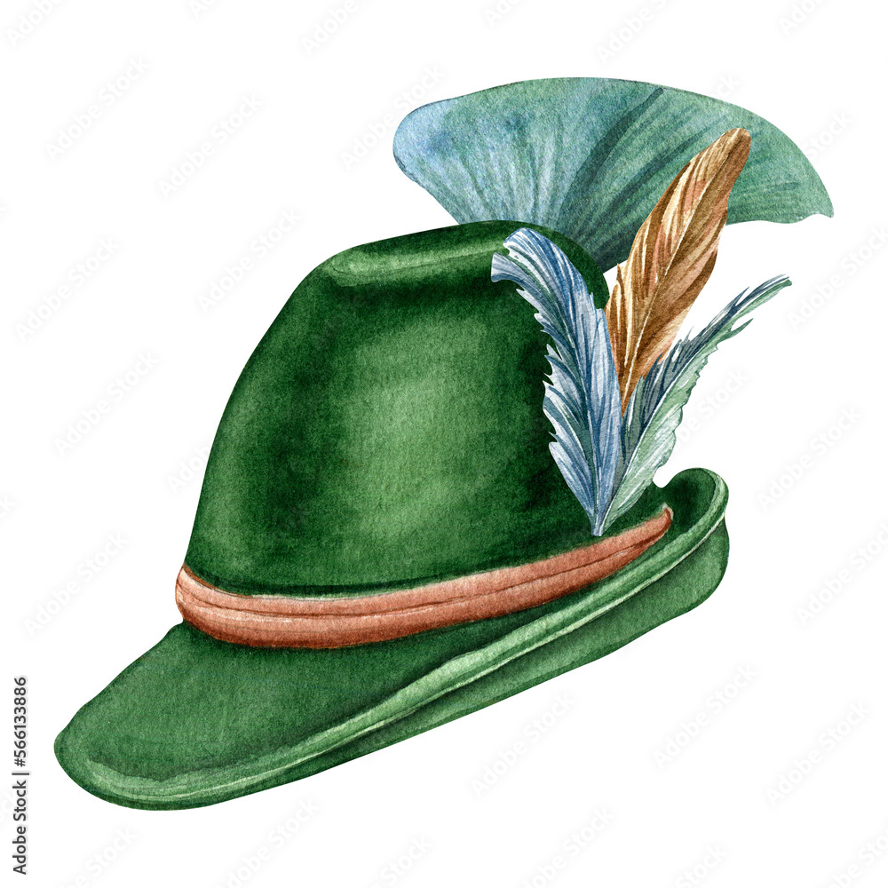 German green hat and feathers watercolor illustration isolated on white ...