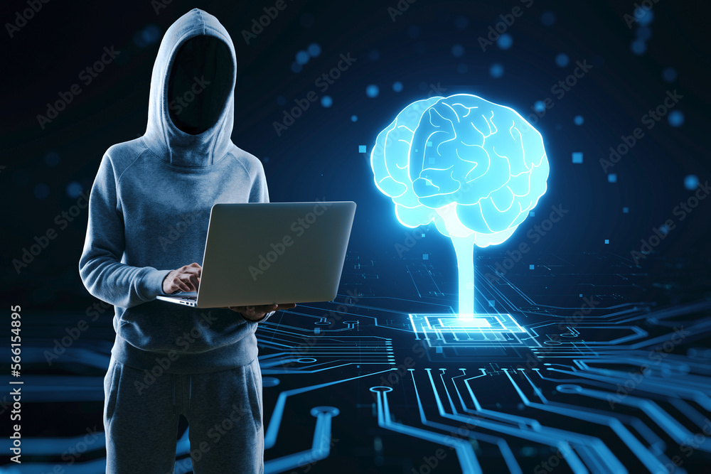 Hacker using laptop computer with hologram. Futuristic design of ...
