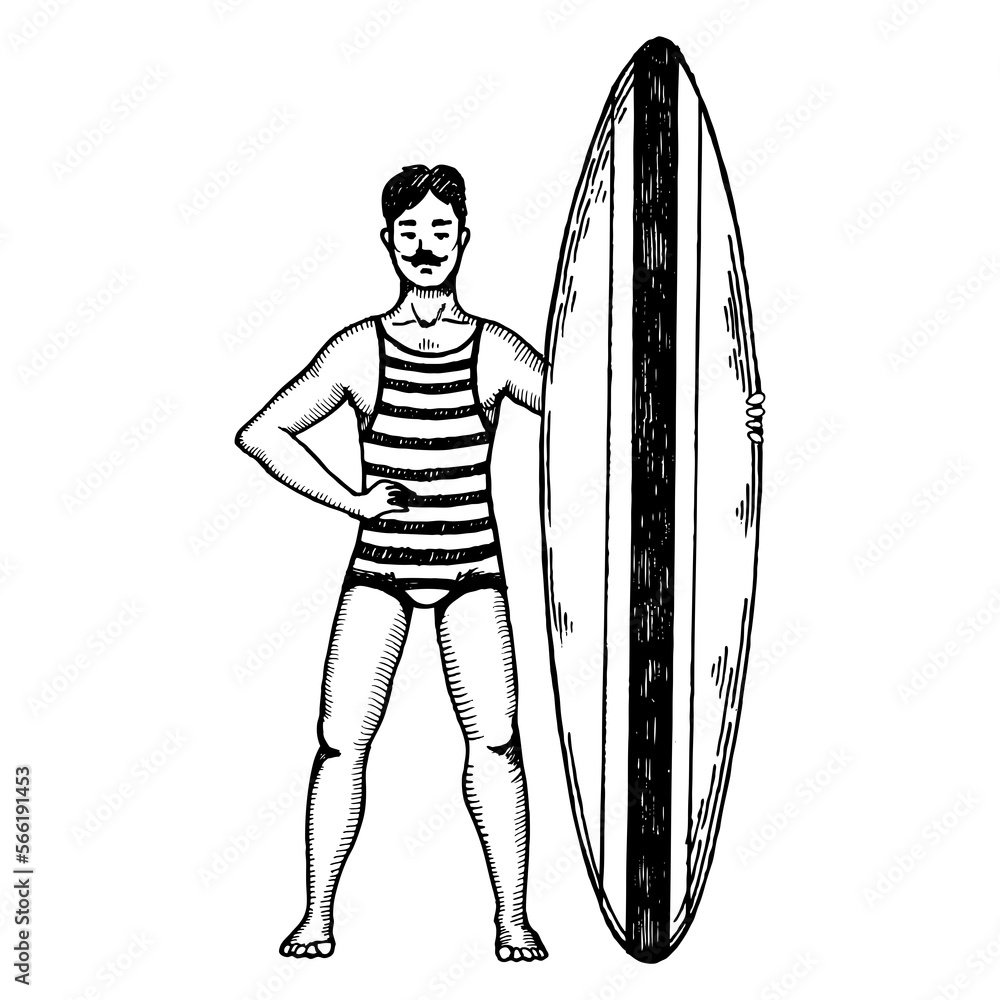 Old fashioned surfer engraving style PNG illustration with transparent ...