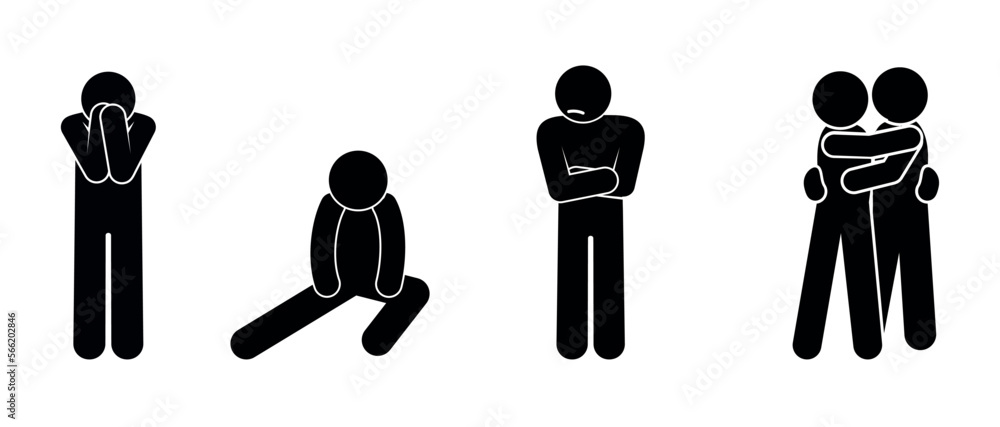 sad people icons set, man sitting, illustration stick figure human ...