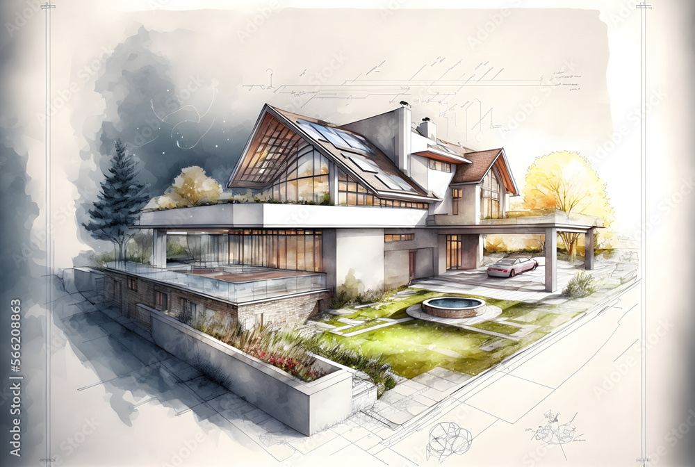 Technical drawing, sketch of building design of family house with roof ...