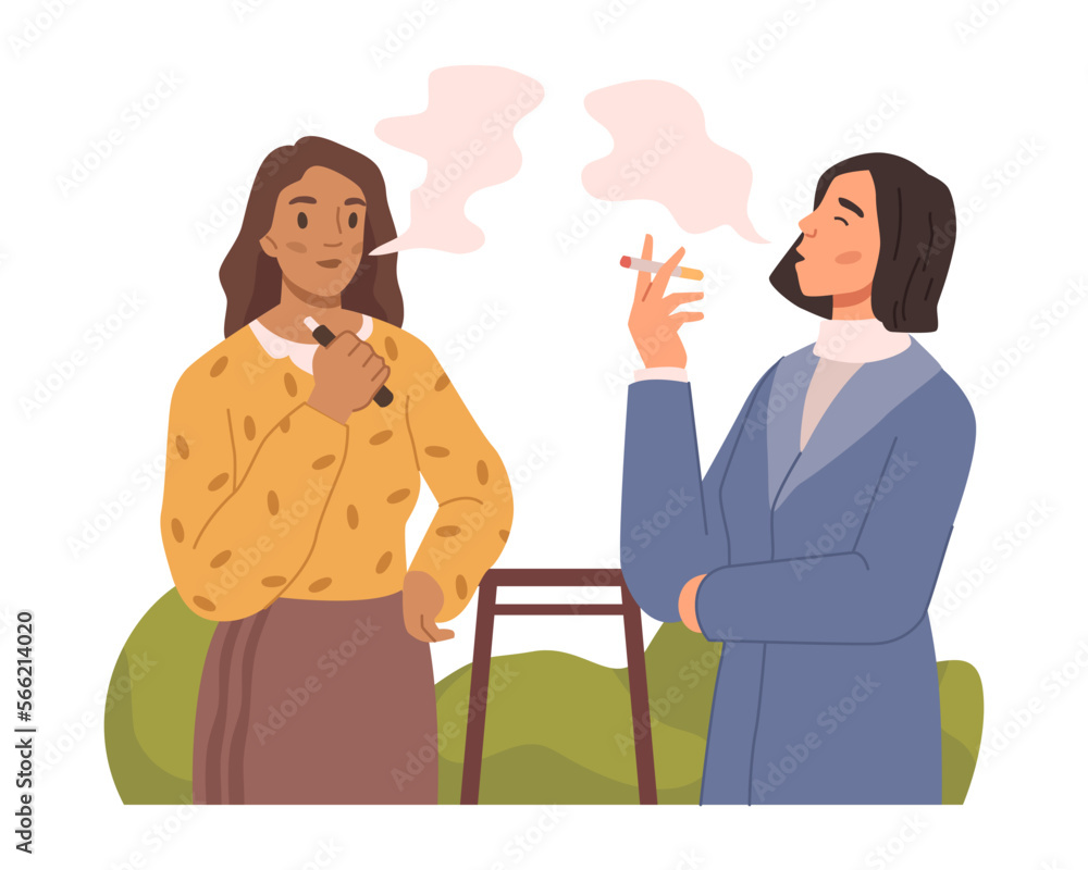 Female characters smoke outdoors, standing and talking on break. People ...