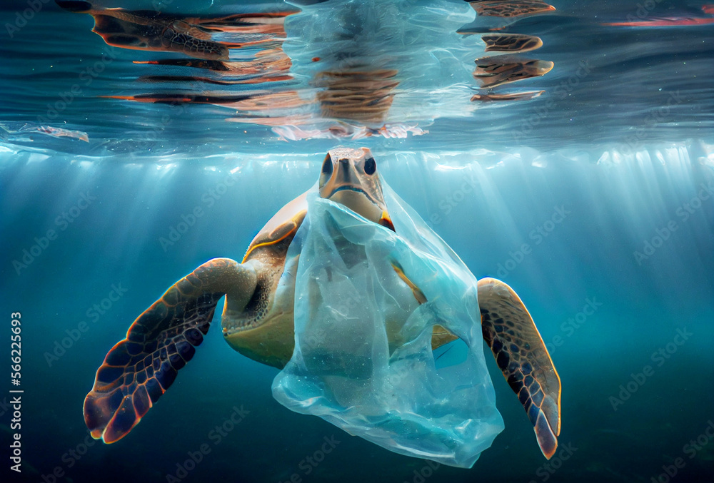 Floating turtle with a plastic bag in a mouth. Generative Ai Art ...
