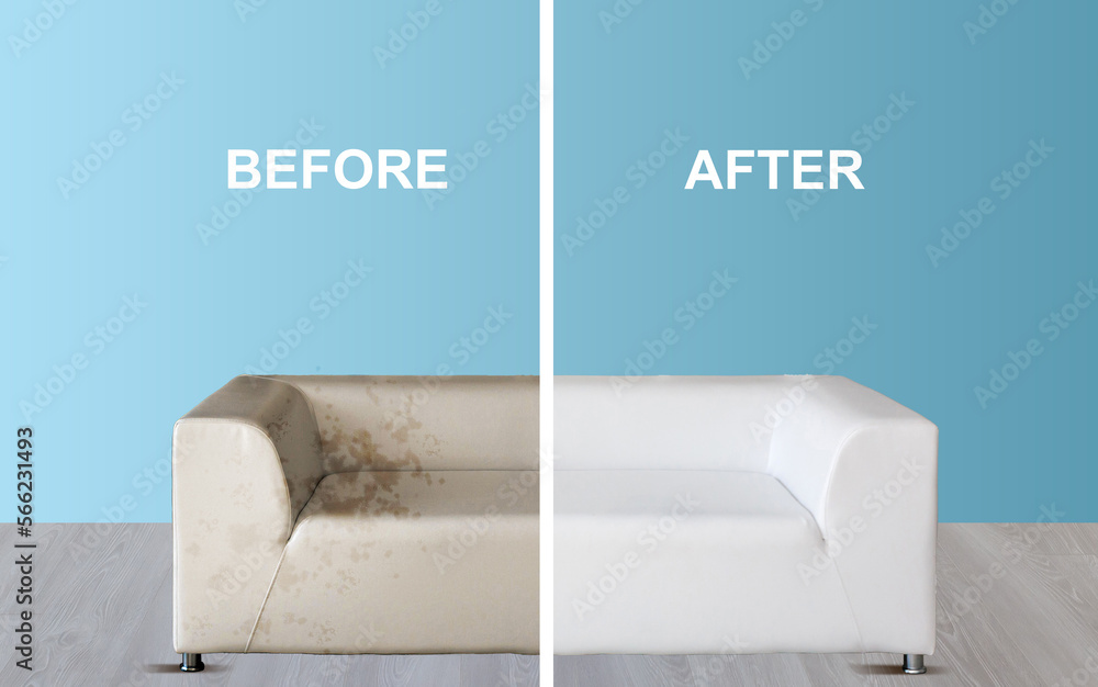 Before and after cleaning sofa. Blue soft sofa dirt. dirty half and ...