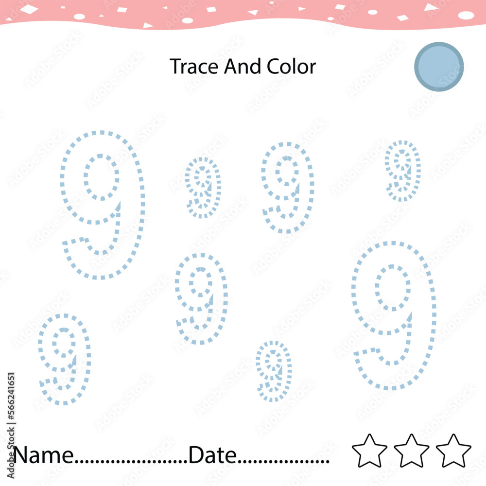 Number nine tracing practice worksheet for kids learning to count and ...