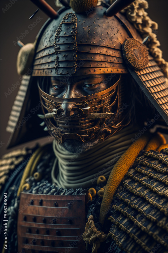 Portrait closeup of a Samurai in a traditional mengu mask, Japanese ...