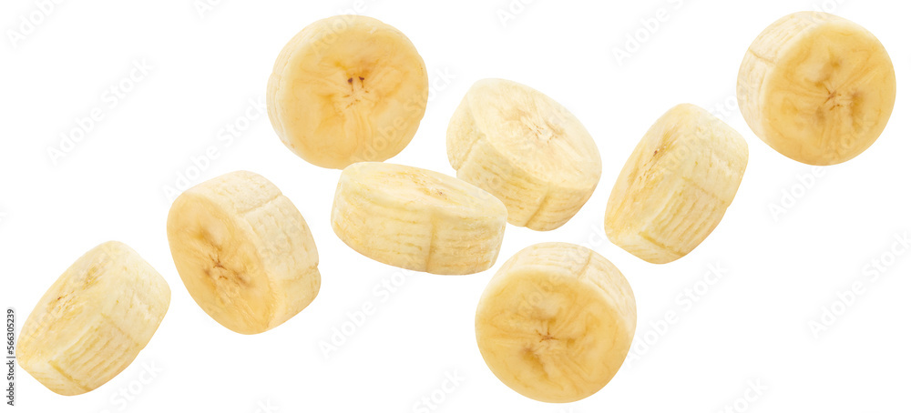 Flying delicious banana slices cut out Stock Photo | Adobe Stock