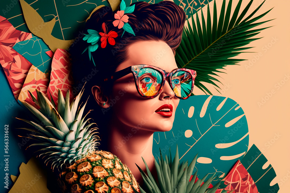 Fashion Girl Wearing Sunglasses and Pineapple, Tropical leaf. Paper ...