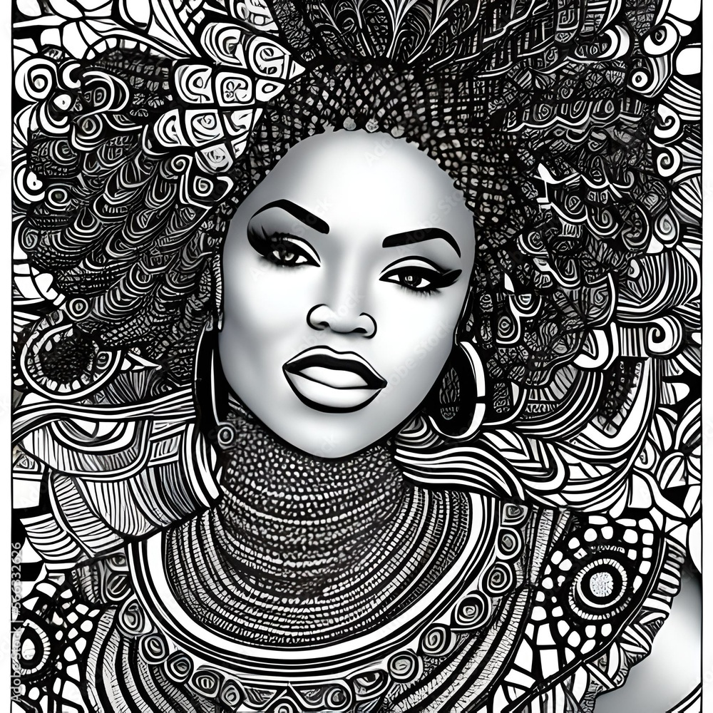 black and white coloring page of beautiful african-american women in ...