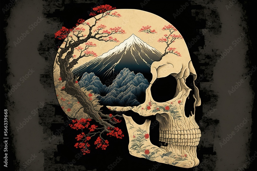 Illustration Stock Human skull in ukiyo-e style, concept of Ukiyo-e Art and Woodblock Printing ...
