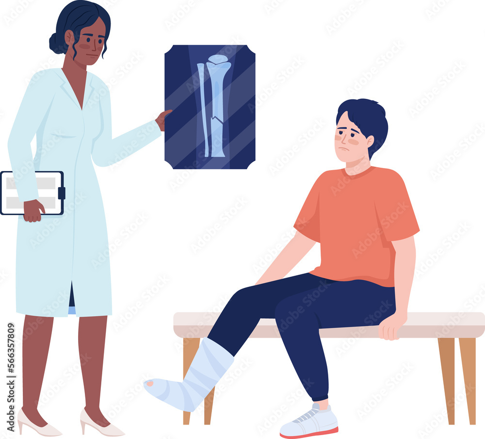 Traumatologist and patient with broken leg semi flat color raster ...