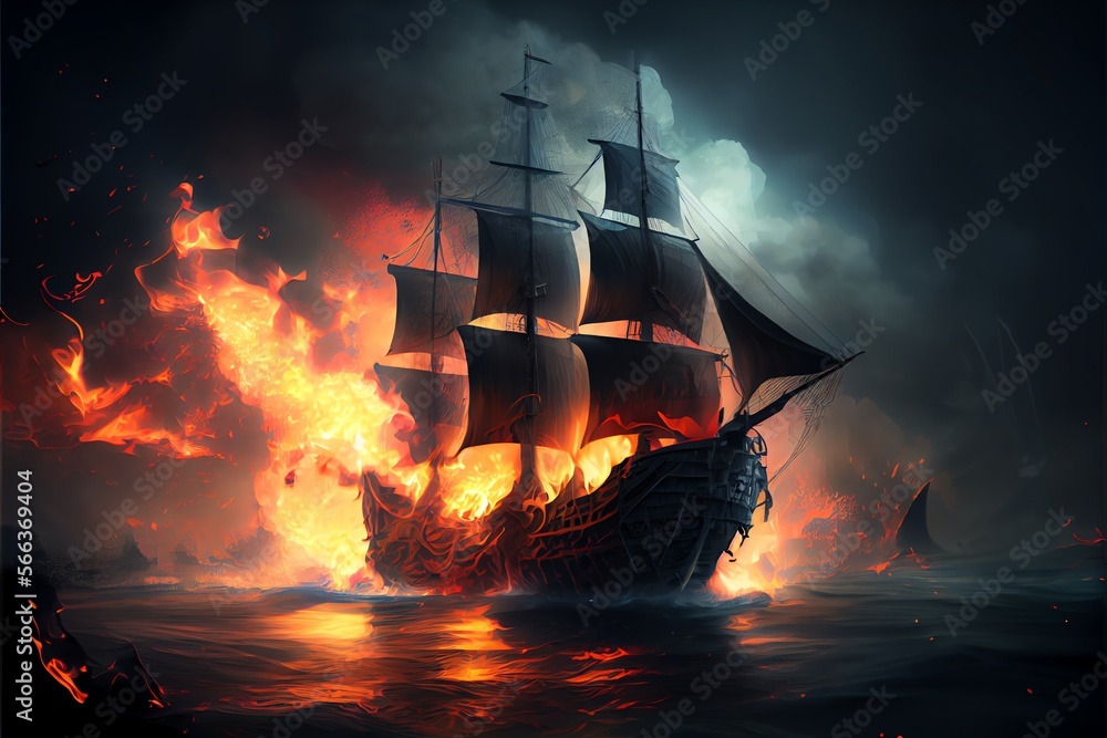 Pirate ship destroyed in flames after battle at sea. Digital ...