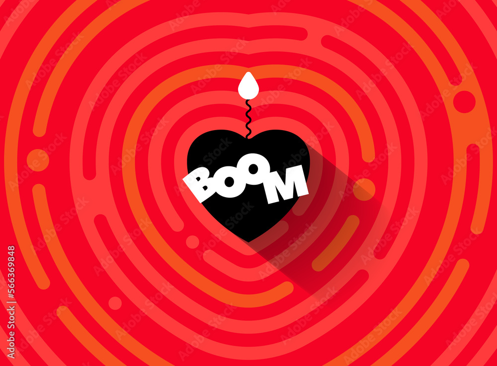 Exploding heart with a fuse and fire. Valentine's card in cartoon comic ...