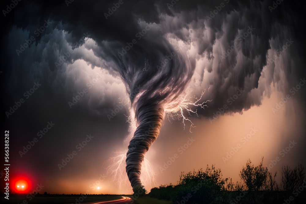 Powerful tornado funnel in stormy weather with downpour and hail with ...
