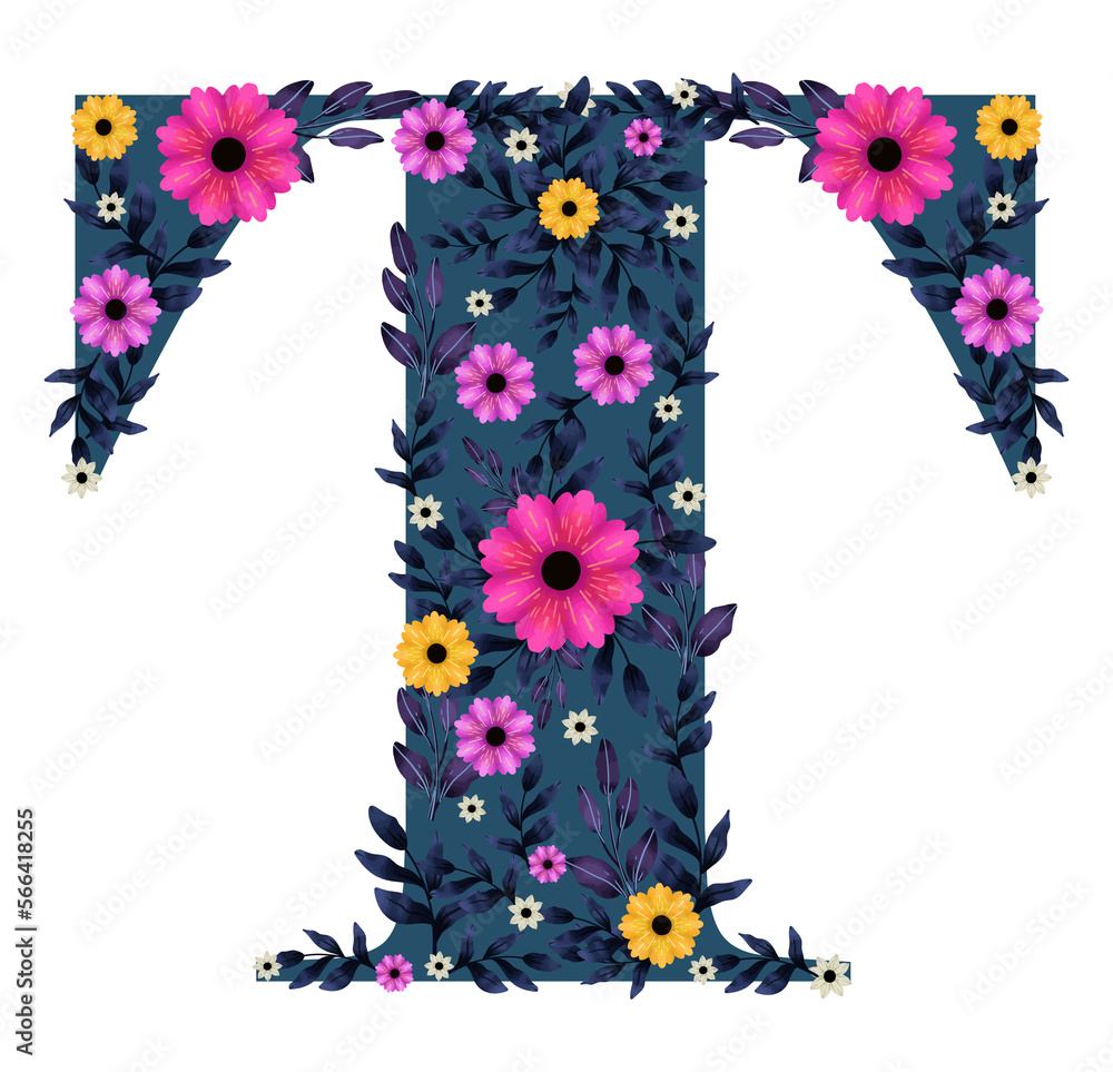 Monograma T azul con flores. Letras Mayúscula Floral para Inicial ...