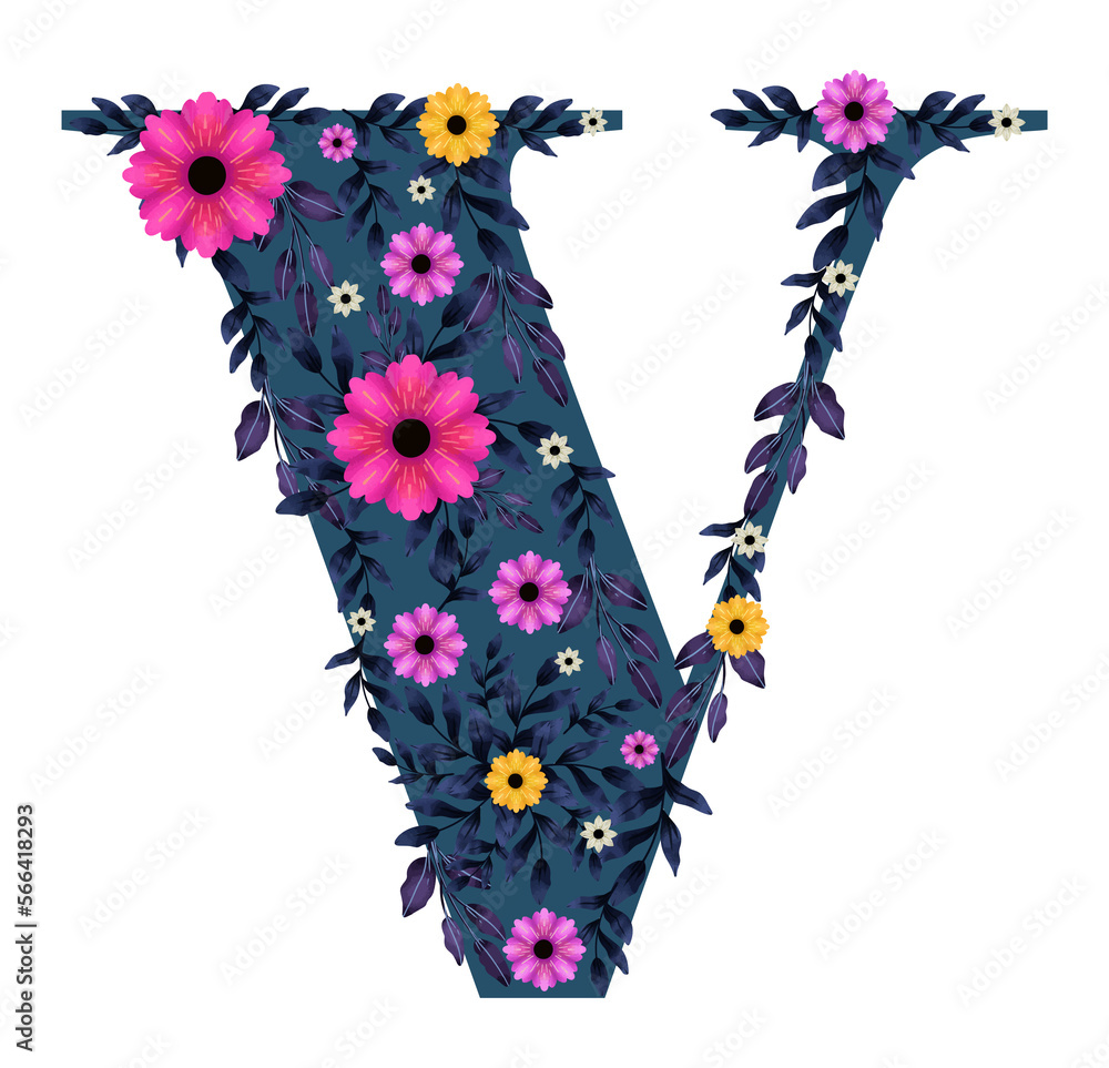 Monograma V azul con flores. Letras Mayúscula Floral para Inicial ...