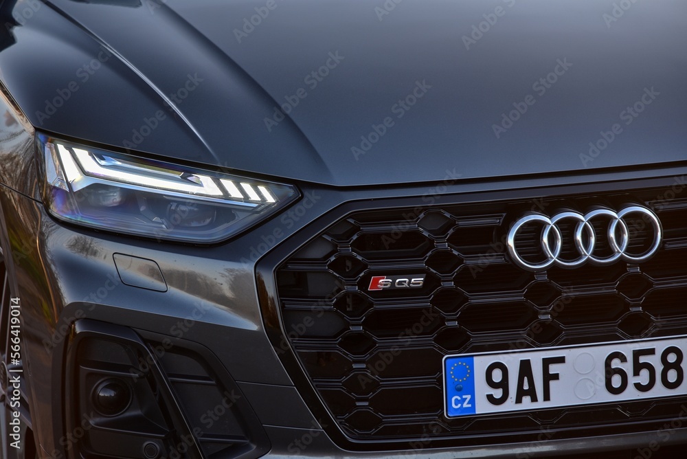 Audi S Q5 Sportback. Detail of the front light and markings on the car ...