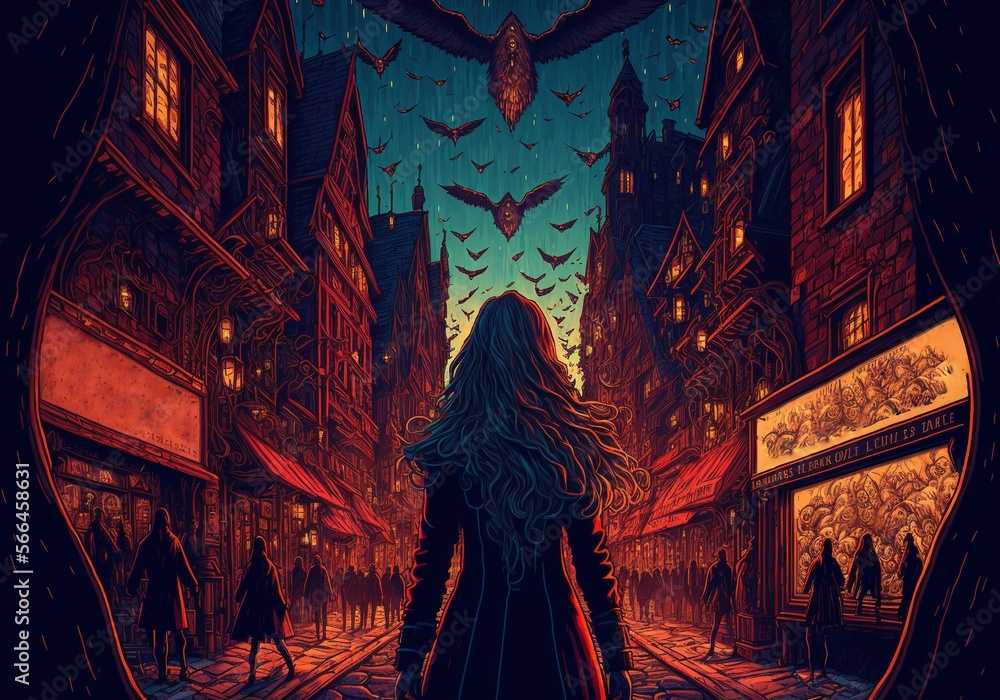 Anime Style Image of a Woman Watching as Flying Demons Invade a Town ...