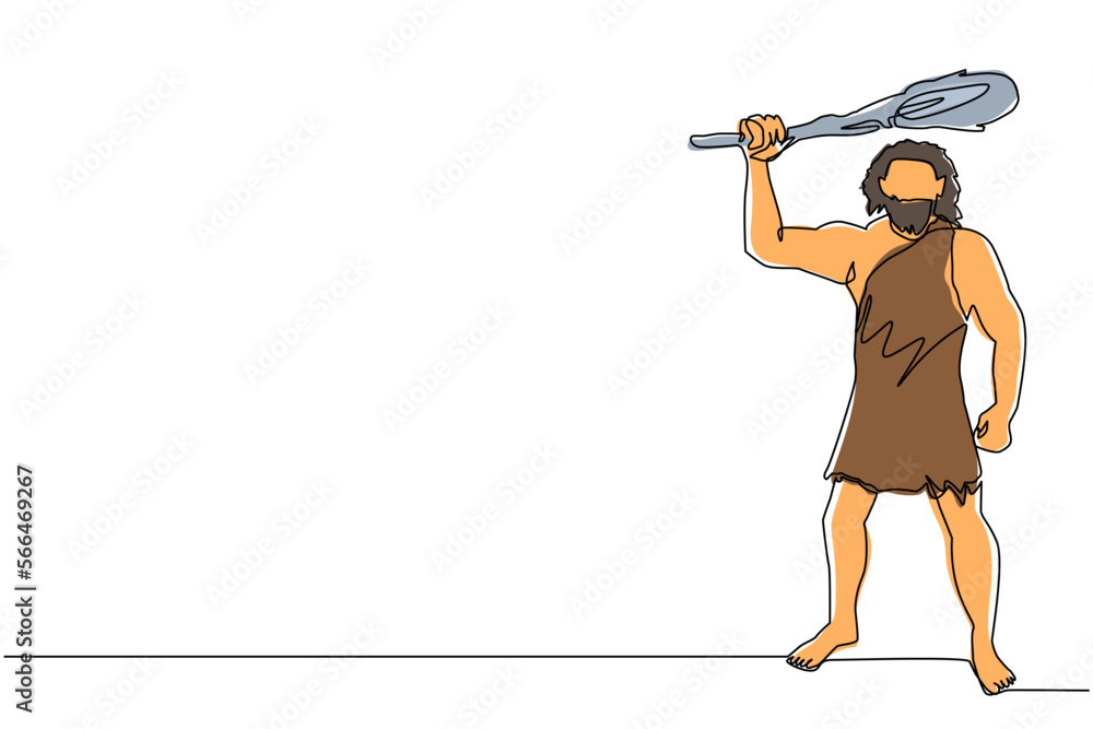Single one line drawing prehistoric man holding and raised cudgel ...
