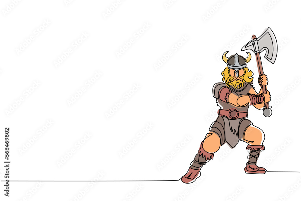Single Continuous Line Drawing Viking Warrior Mascot Swinging Axe