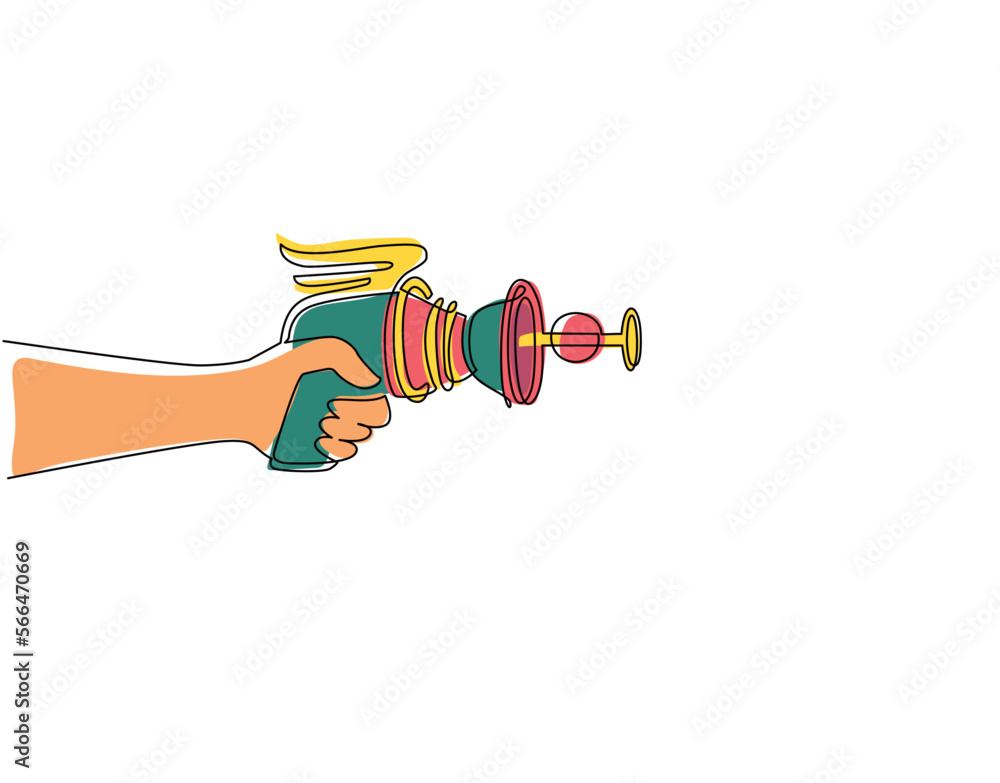 Vetor Single continuous line drawing hand holding retro space blaster ...