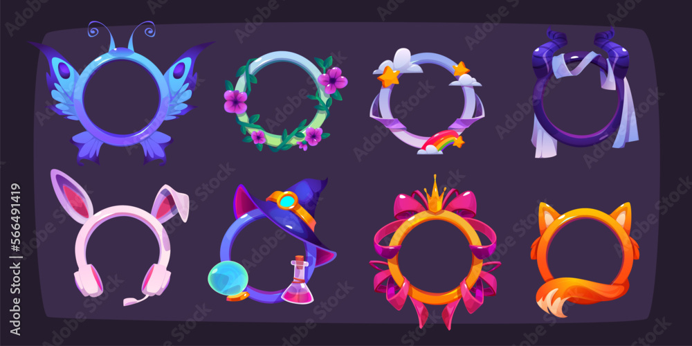 Game avatar frames with fantasy borders with animal ears, tails and ...