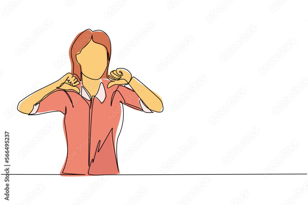 Continuous one line drawing unhappy young woman showing thumbs down ...