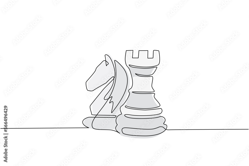 Continuous one line drawing rook and knight chess logo. Set of emblems and signs for chess sport ...