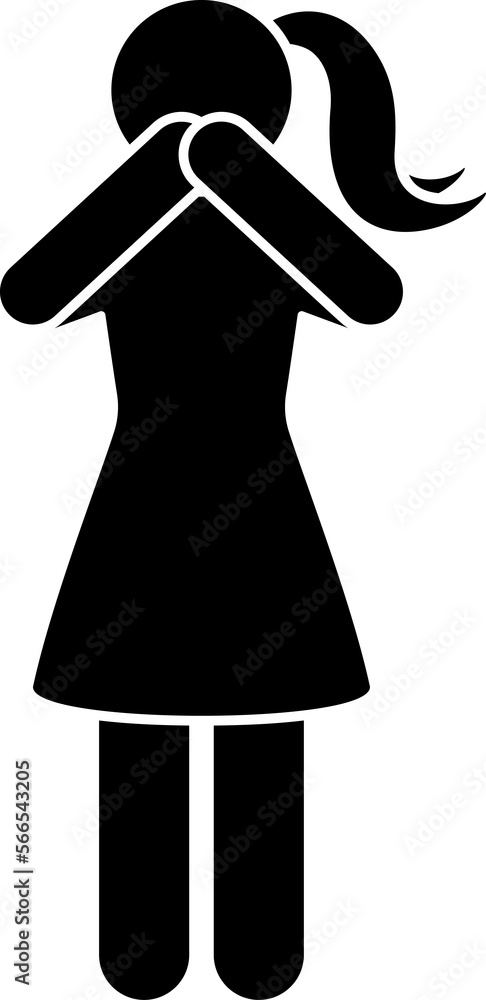 Three wise monkey stick figure woman speak no evil icon. Black and ...