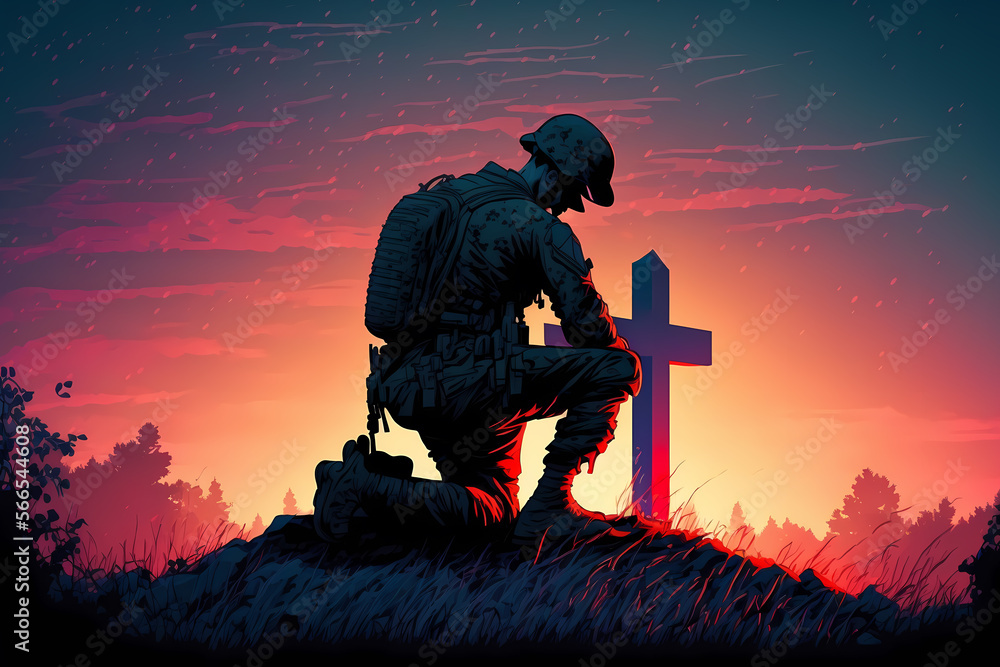 Military man kneeling of grave fallen soldier, sunset. Concept veteran ...
