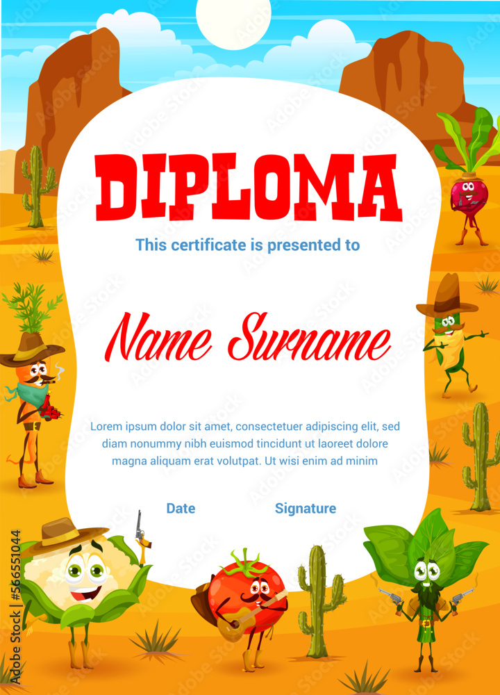 Kids diploma, cowboy sheriff, ranger and bandit cartoon vegetable ...