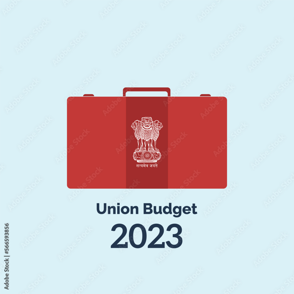 Union Budget 2023 India. Red suitcase and national emblem of India ...