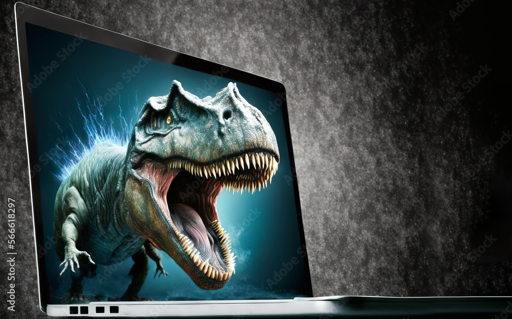 T Rex dinosaur, Tyrannosaurus rex breaking out of a laptop . Big ...