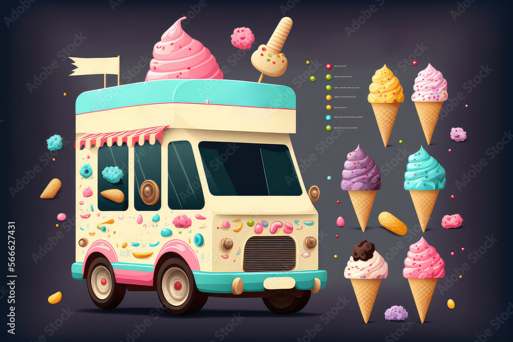 Ilustración de Stock Ice cream food truck, van, cartoon car for street ...