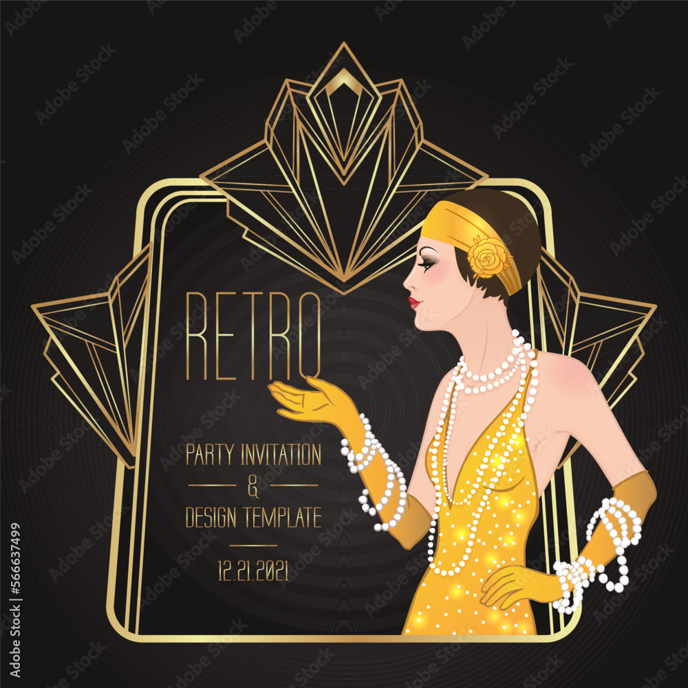 Flapper girl. Art deco 1920s style vintage invitation template design ...