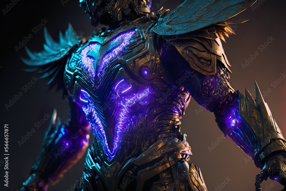 Aerial shot, Dynamic Giant Warrior in Armor style Pacific Rim ...