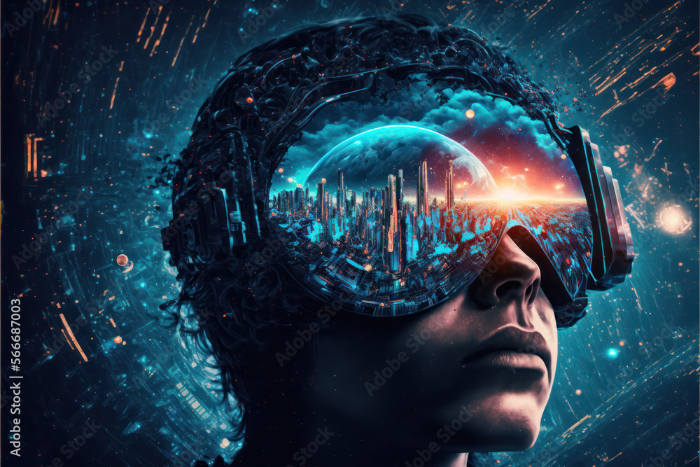 Person wearing virtual / augmented reality headset, immersion into ...