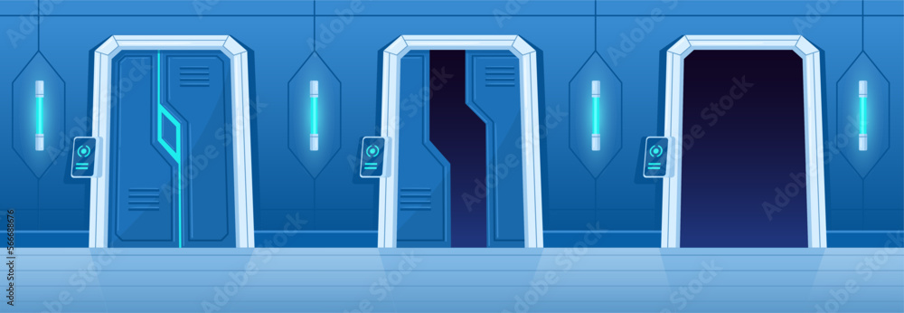 Cartoon spaceship futuristic gates. Closed and open alien cosmic ship ...