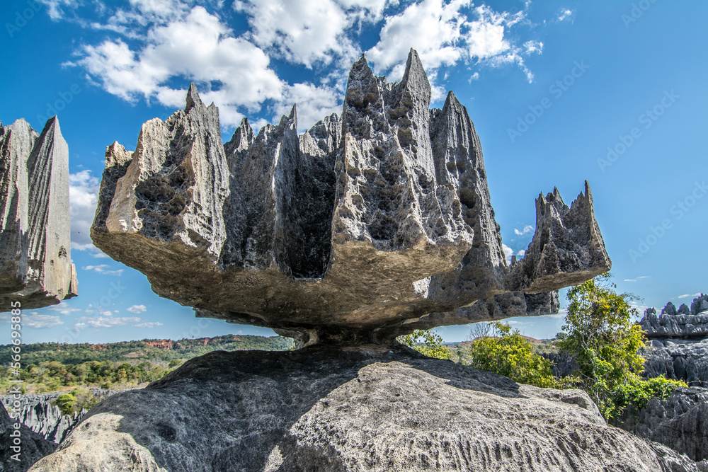 Tsingy de Bemaraha. Grey stones sharp as needles with blue sky in the ...