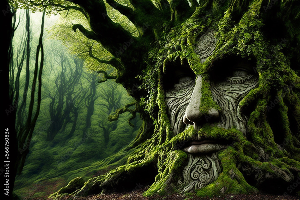 rosto integrado a arvore gigante préhistórica em floresta enraizada com ...