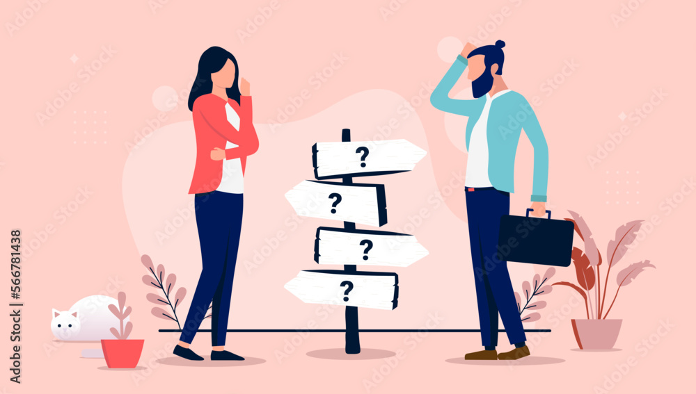Confusion - Two people man and woman standing looking at signpost with ...