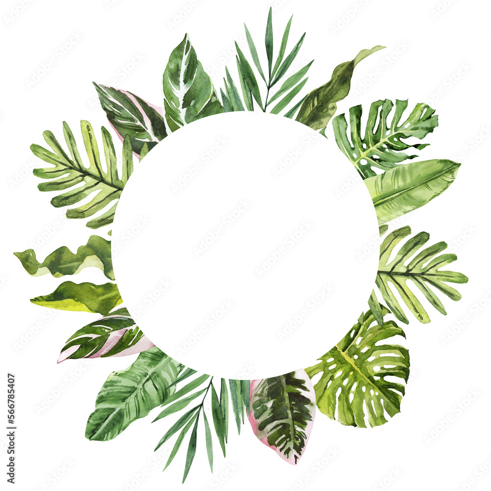 Watercolor hand drawn rainforest tropical leaves bouquet circle frame ...
