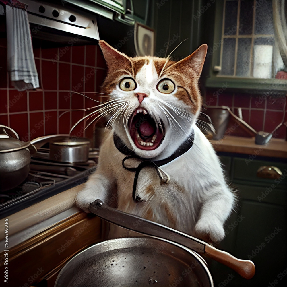 Totally shocked cat in kitchen, Cat is panicking in a kitchen making ...
