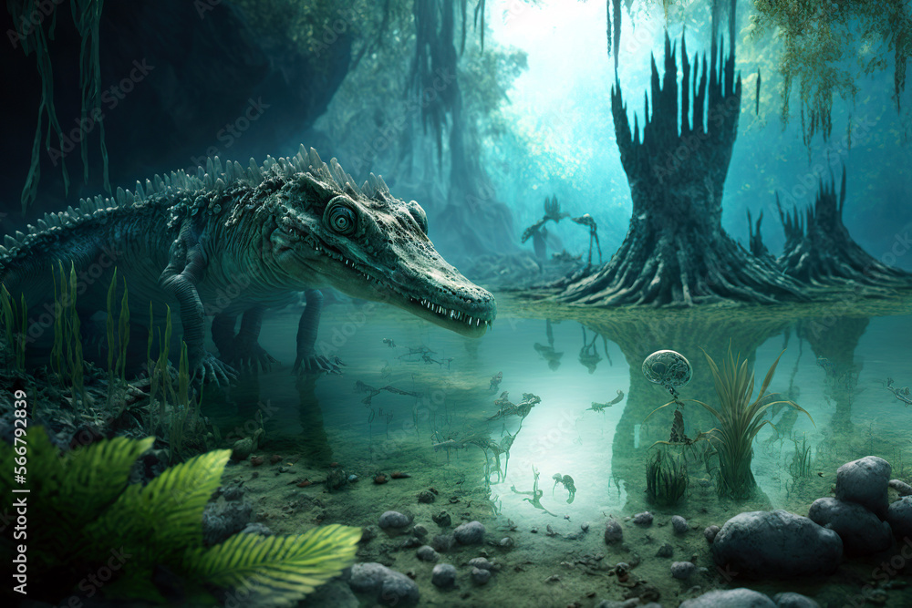 Ilustração In an ancient alien world, different animal species live in ...