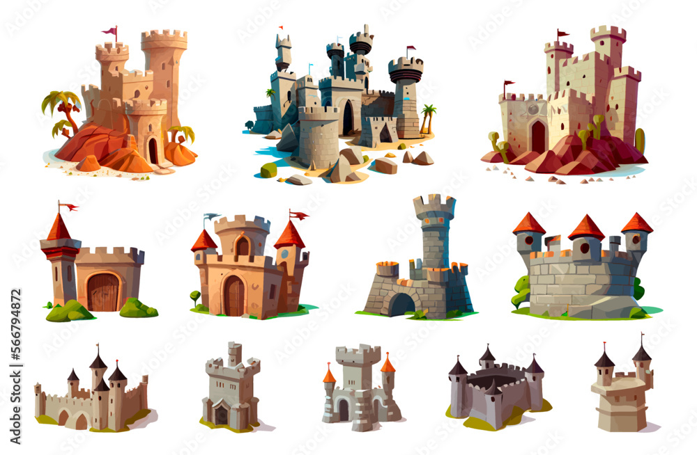 Fairytale medieval towers and castles. Cartoon towers, kingdom ...